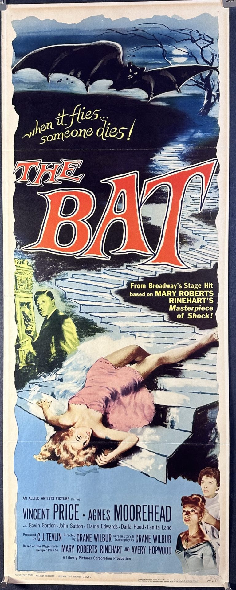 THE BAT, Linen Backed Original Horror Movie Poster starring Vincent ...